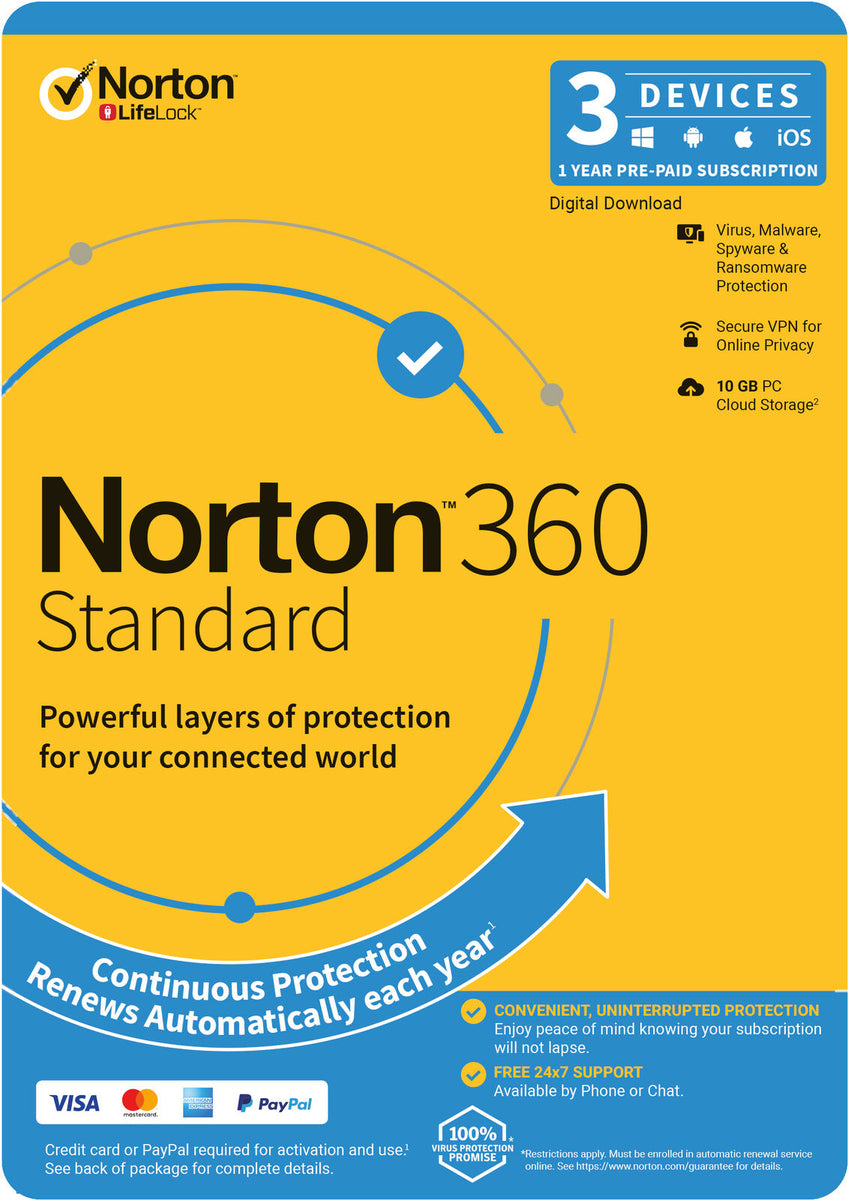 LATEST Norton 360 Standard 3 Device 1 Year PC Windows Mac Android iOS ...